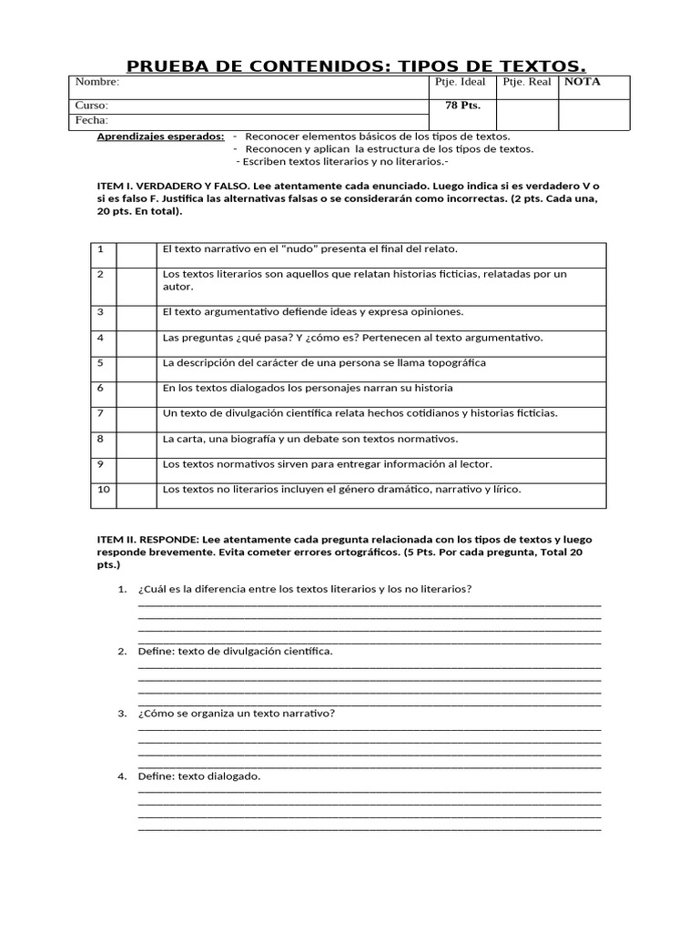 PRUEBA Tipos de Textos | PDF | Estudios de idiomas extranjeros | Ficción general