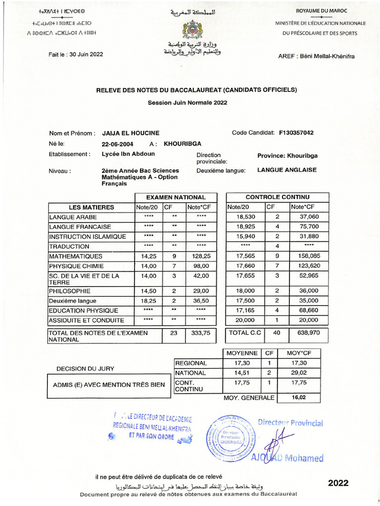 Releve Des Notes Bac | PDF