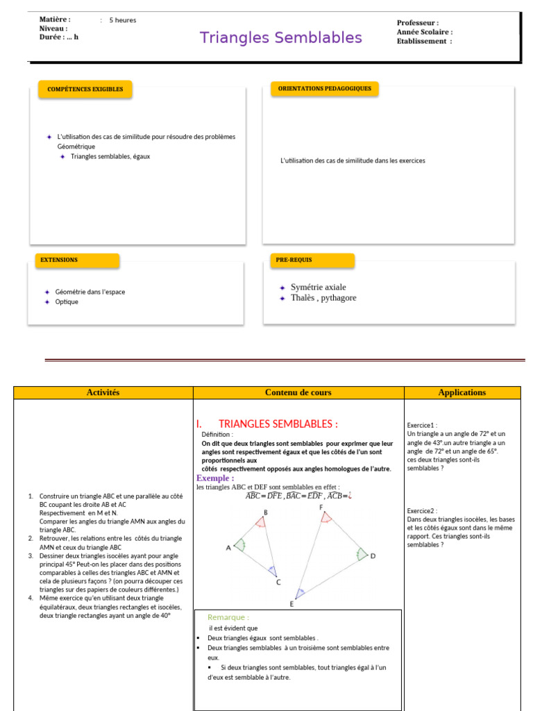 Triangles Semblables : Définitions et Exercices | PDF | Triangle ...