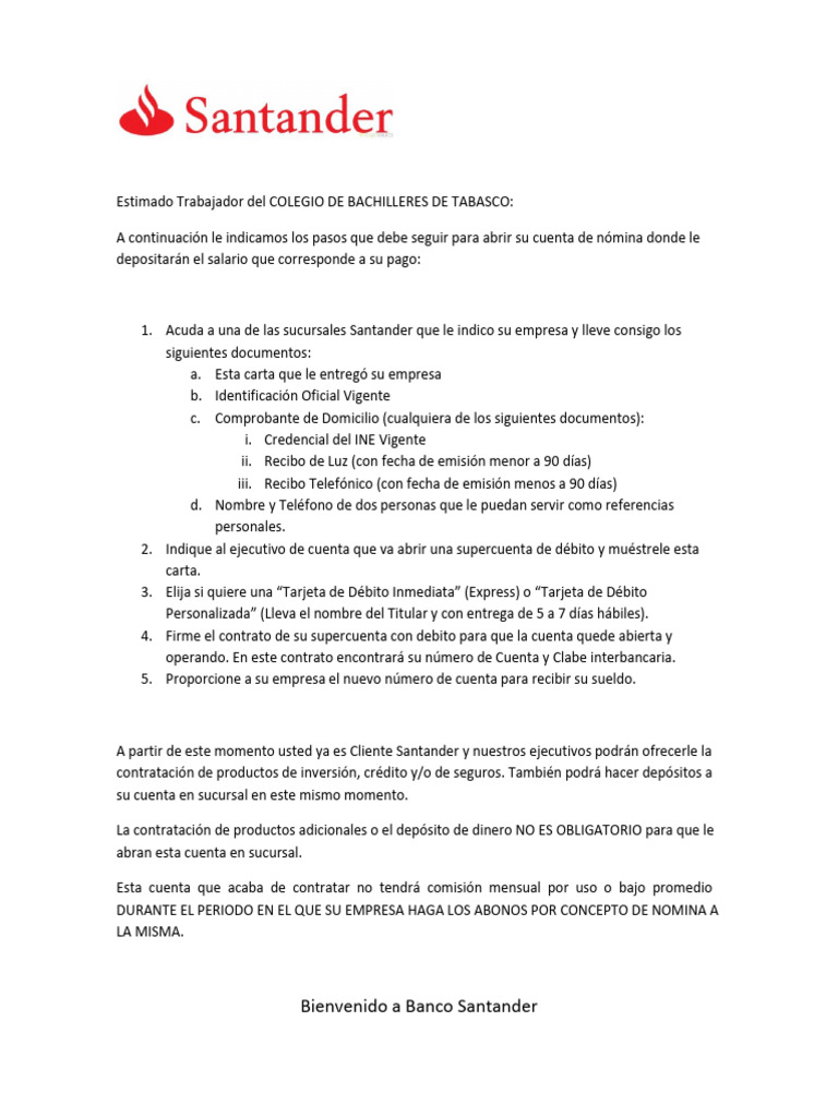 Carta Santander Debito | PDF | Finanzas y dinero
