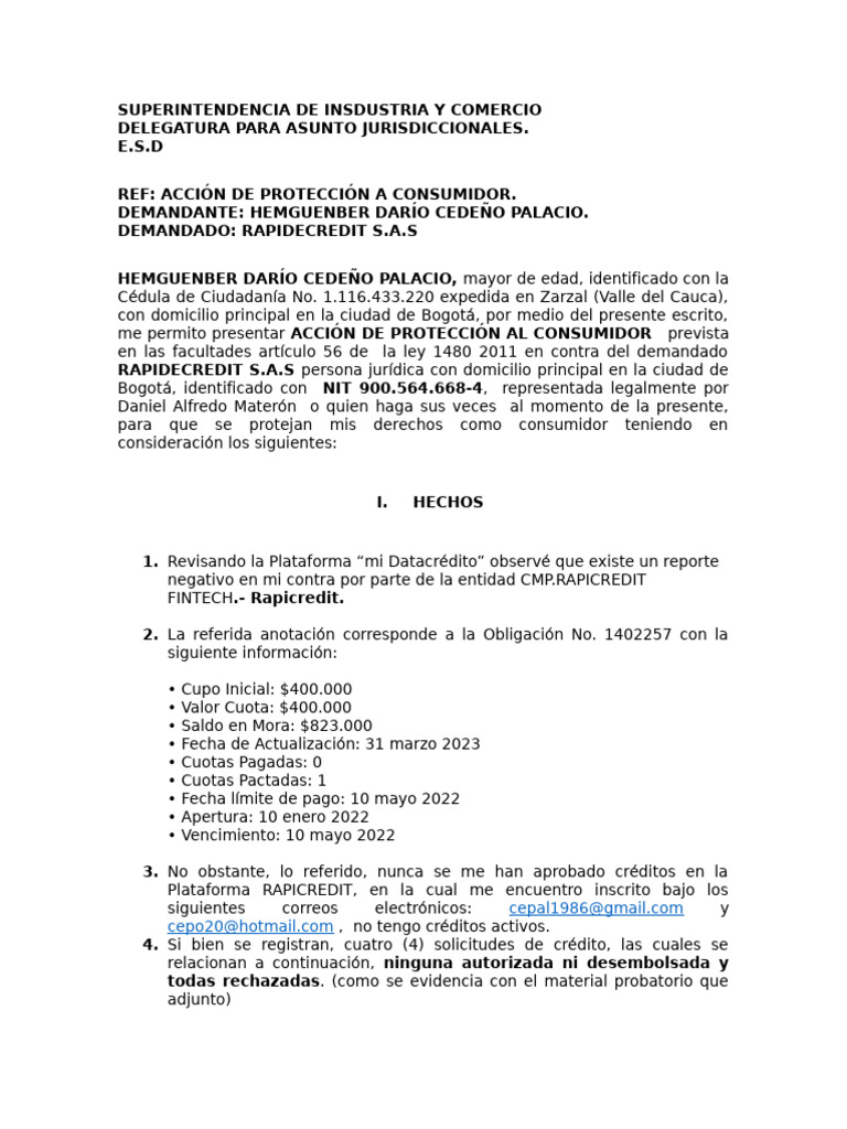 Demanda Sic - Acción Protección Al Consumidor | PDF | Protección al Consumidor | Bancos