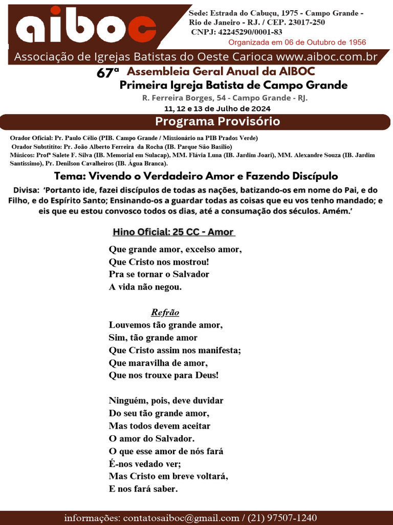 Programa Provisório - Assembleia Aiboc 2024 | PDF | Rio de Janeiro | Batistas
