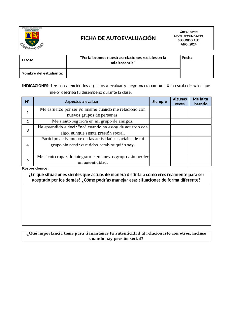 Ficha de Autoevaluacion s2 U7 DPCC | PDF
