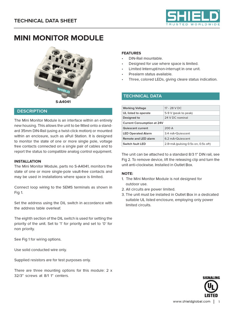 Data Sheet Mini Monitor Module Omega Shield UL R1 | PDF | Resistor ...