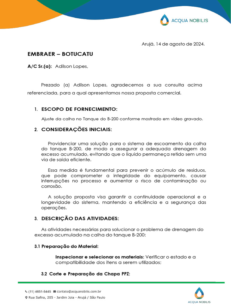 Proposta Comercial - Embraer BOTUCATU - Ajuste Calha B-200 - REV2 | PDF ...