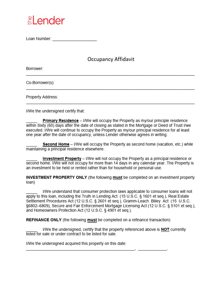 Affidativ-of-Occupancy | PDF | Loans | Mortgage Law