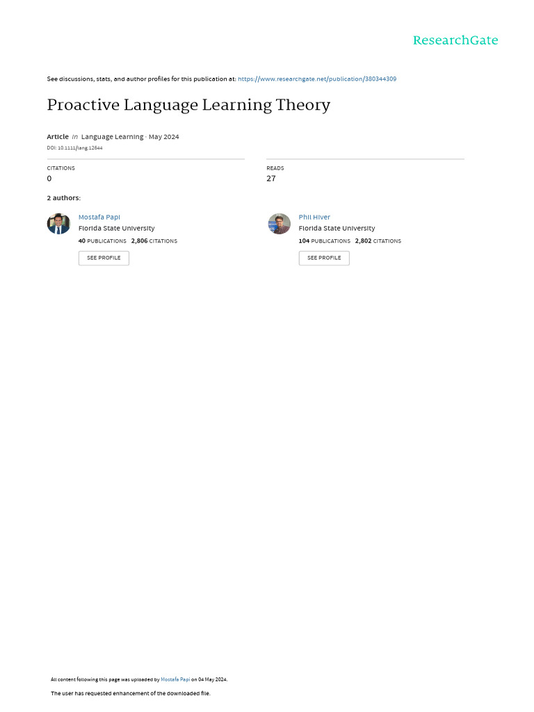 Papi & Hiver 2024 Proactive Language Learning Theory 1 | PDF | Second Language Acquisition ...