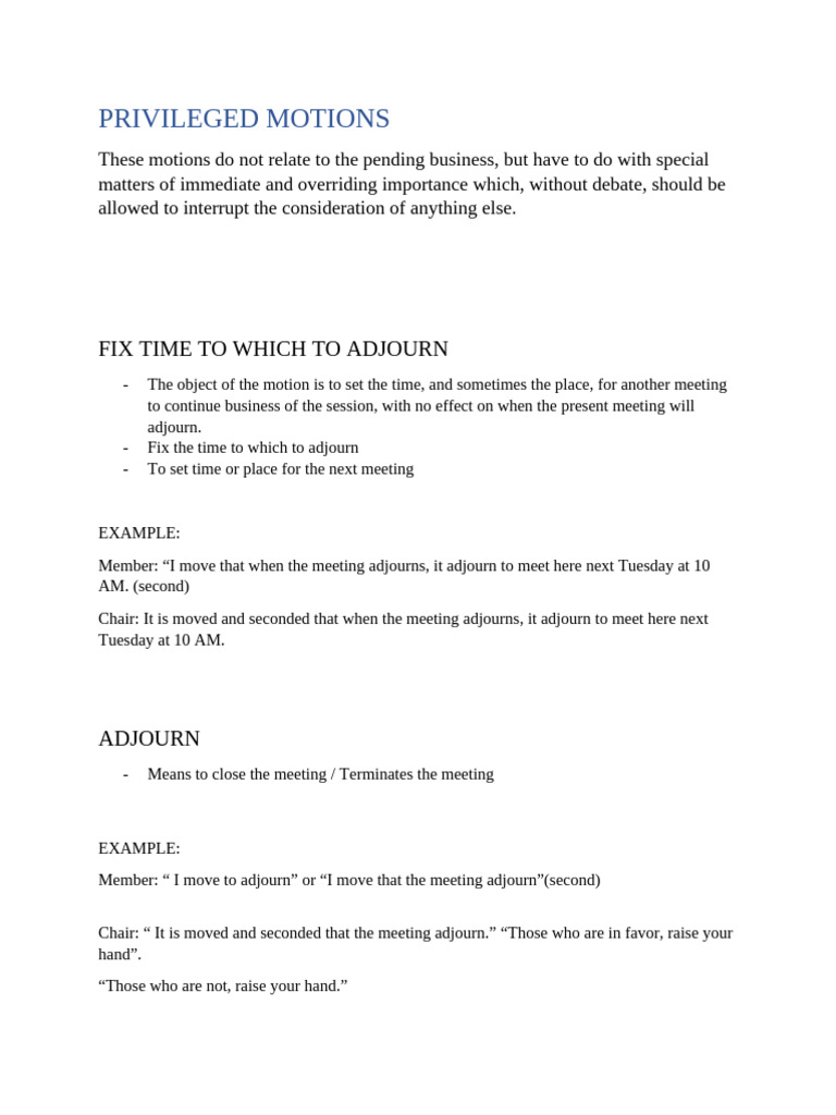 Understanding Privileged Motions in Meetings | PDF | Agenda (Meeting ...