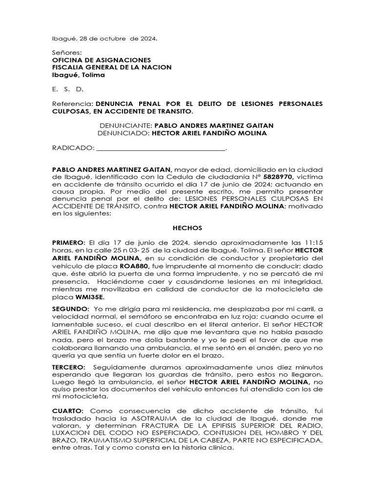 Denuncia Pablo Andres Martinez | PDF | Accidente de tráfico | Documento ...