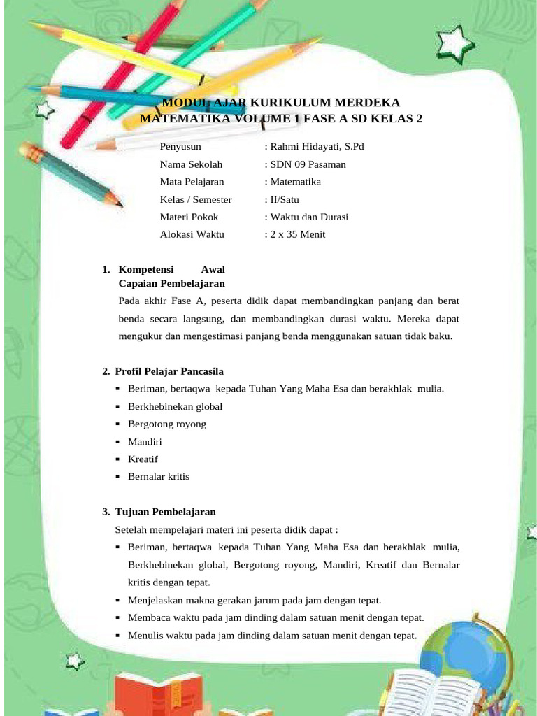 Modul Ajar Waktu dan Durasi Kelas 2 | PDF | Karier & Perkembangan