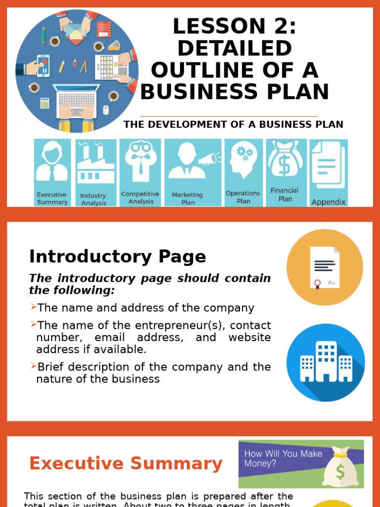 m2 Lesson2 Detailedoutlineofabusinessplan 180712105606 | PDF | Marketing | Risk