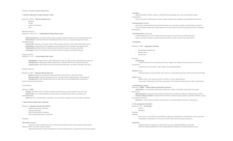 Fever of Uknown Origin Mnemonics | PDF | Fever | Infection