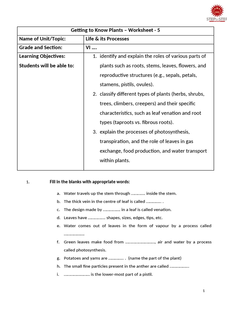 Life & Its Processes - Worksheet 5 - Getting To Know Plants1 | PDF ...
