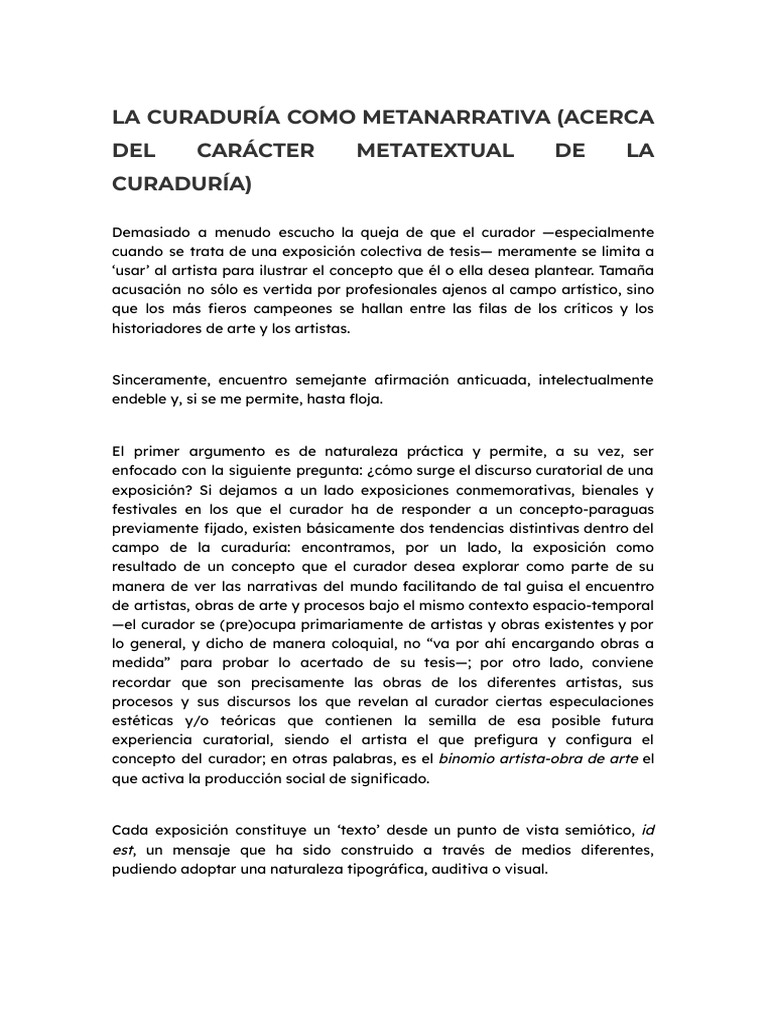 La Curaduría Como Metanarrativa (Acerca Del Carácter Metatextual de La ...