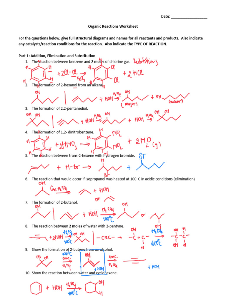 Organic Reactions Worksheet Guide | PDF