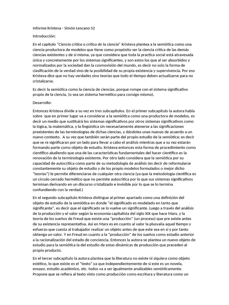 Informe Kristeva S2 Simon Lescano | PDF | Teoría | Science