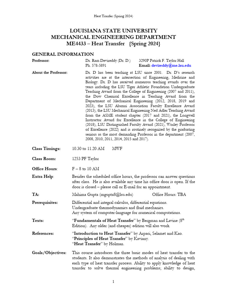 Syllabus Heat Transfer Spring 2024 | PDF | Heat | Engineering