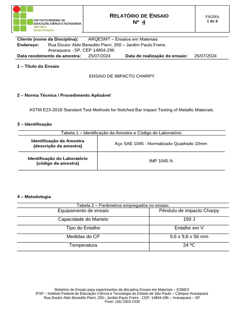 Modelo Relatório Ensaio Mecânico ARQESMT | PDF