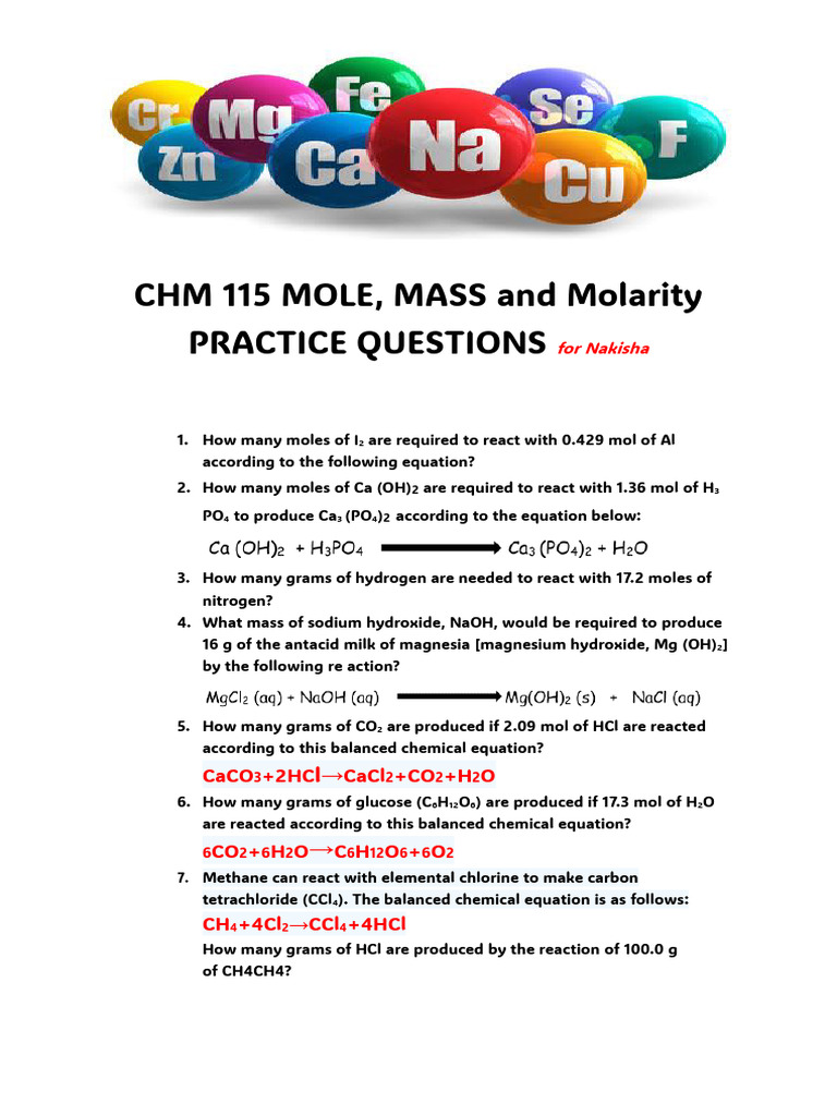 CHM 115 Mole-Mass Practice Questions 2024 | PDF