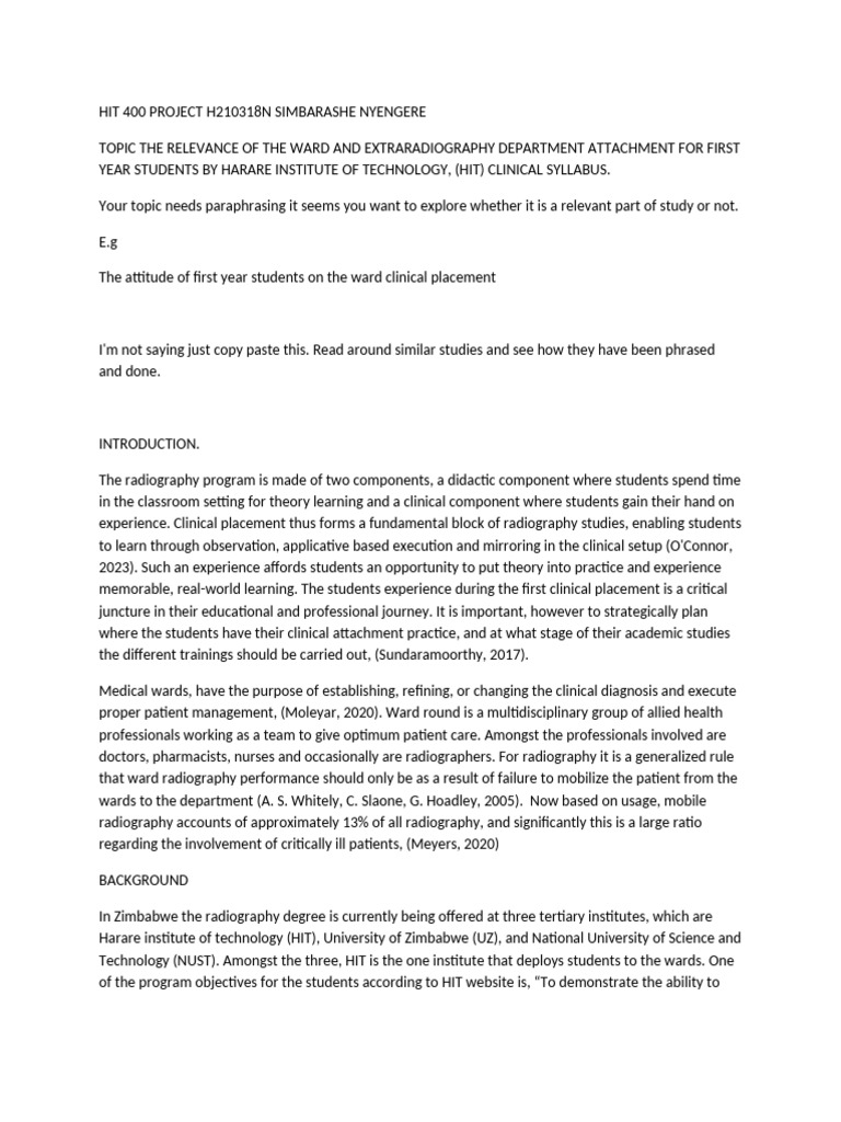 HIT 400 PROJECT Simba Part 4 | PDF | Curriculum | Radiography