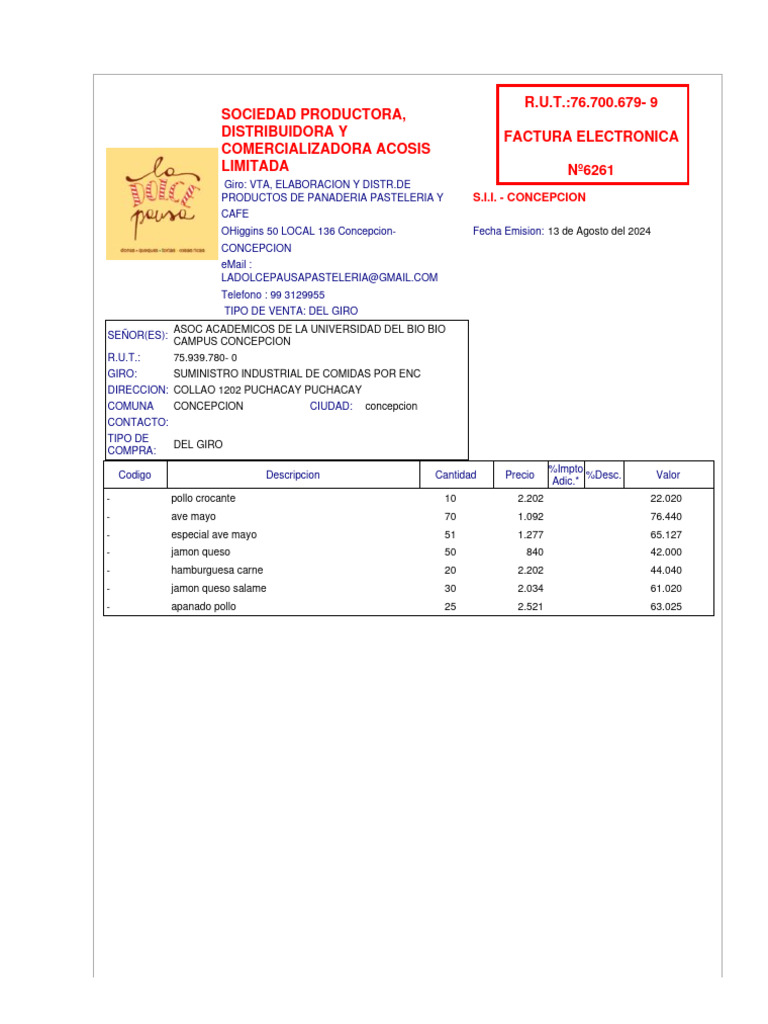 Sociedad Productora, Distribuidora Y Comercializadora Acosis Limitada R.U.T.:76.700.679-9 ...