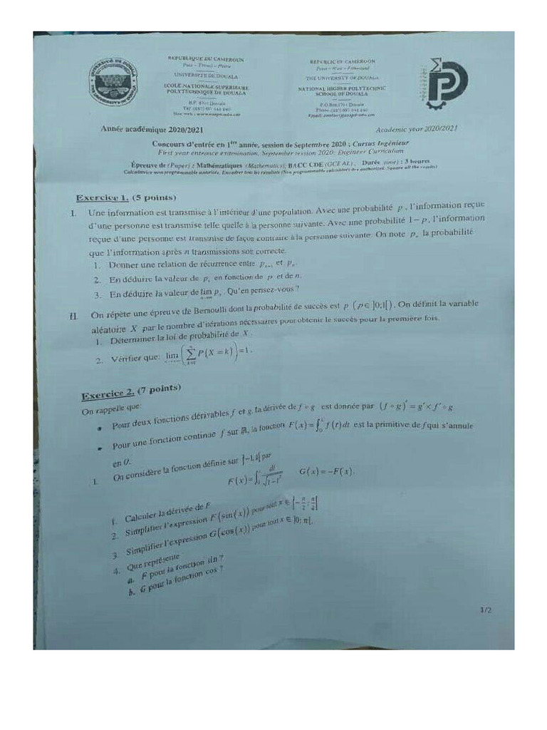 Épreuves Maths Physique Concours 2020 21 ENSPD 1ère Année Ingéni | PDF