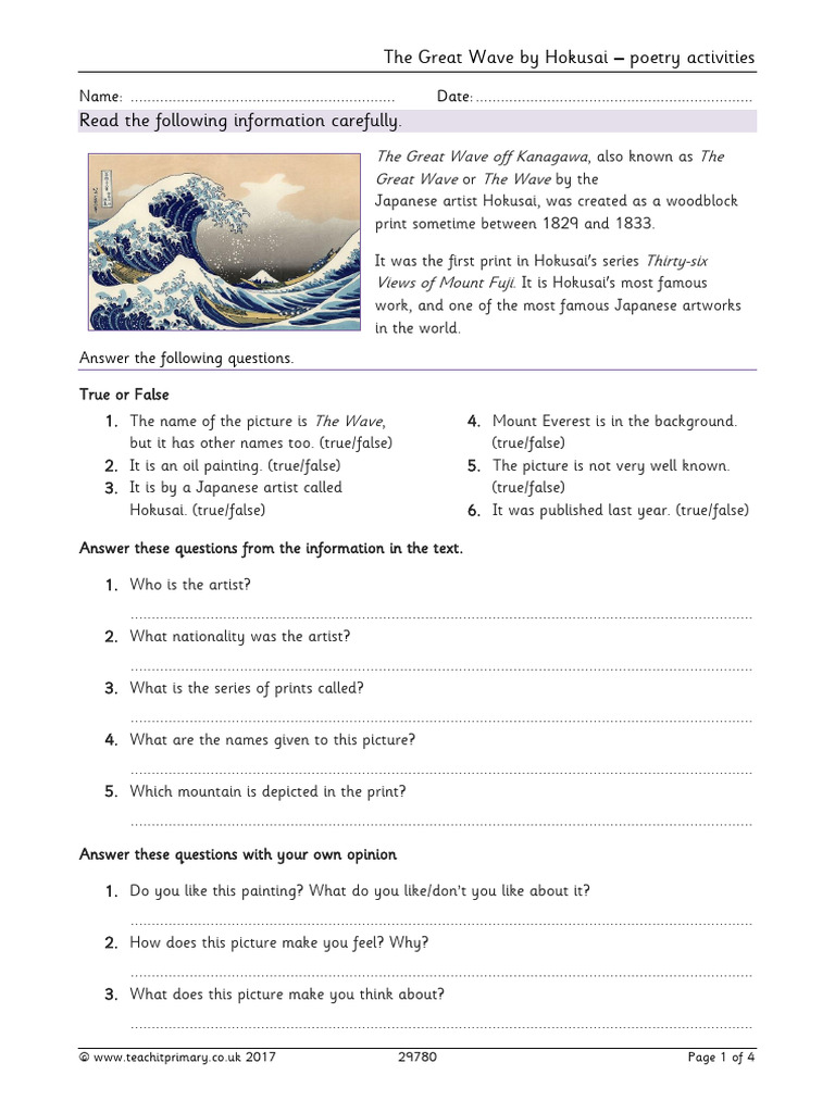 The Great Wave by Hokusai Poetry Activities | PDF