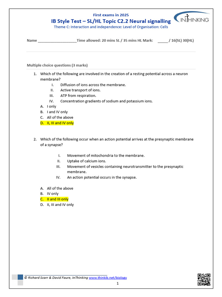 IB Biology C2.2 Neural Signalling Exam | PDF | Chemical Synapse | Neuron