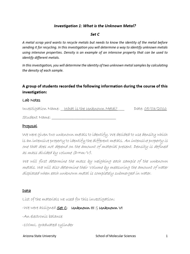 Unknown Metals Lab Activity 1st Week - Set C - 5-14-16 | PDF | Volume ...