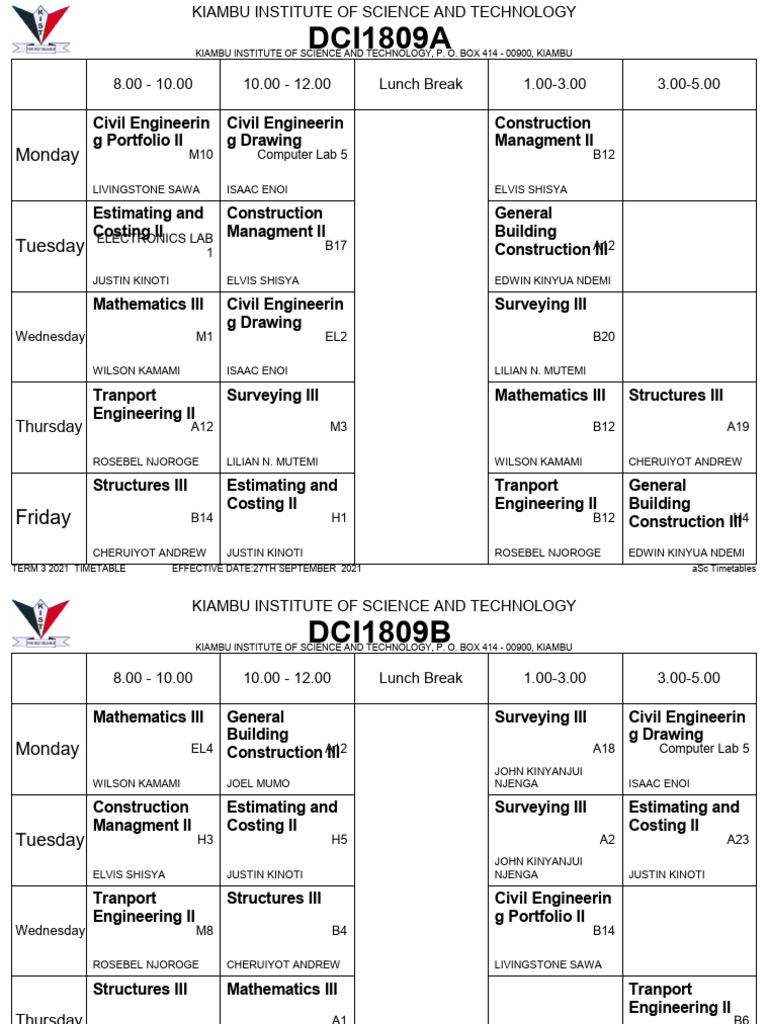 Class Timetables 1 | PDF | Civil Engineering | Real Estate