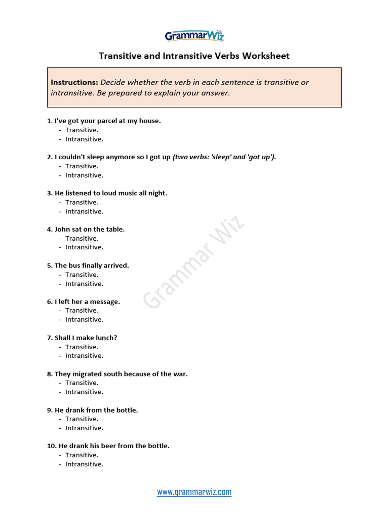 Transitive and Intransitive Verbs Worksheet | PDF | Verb | Object (Grammar)