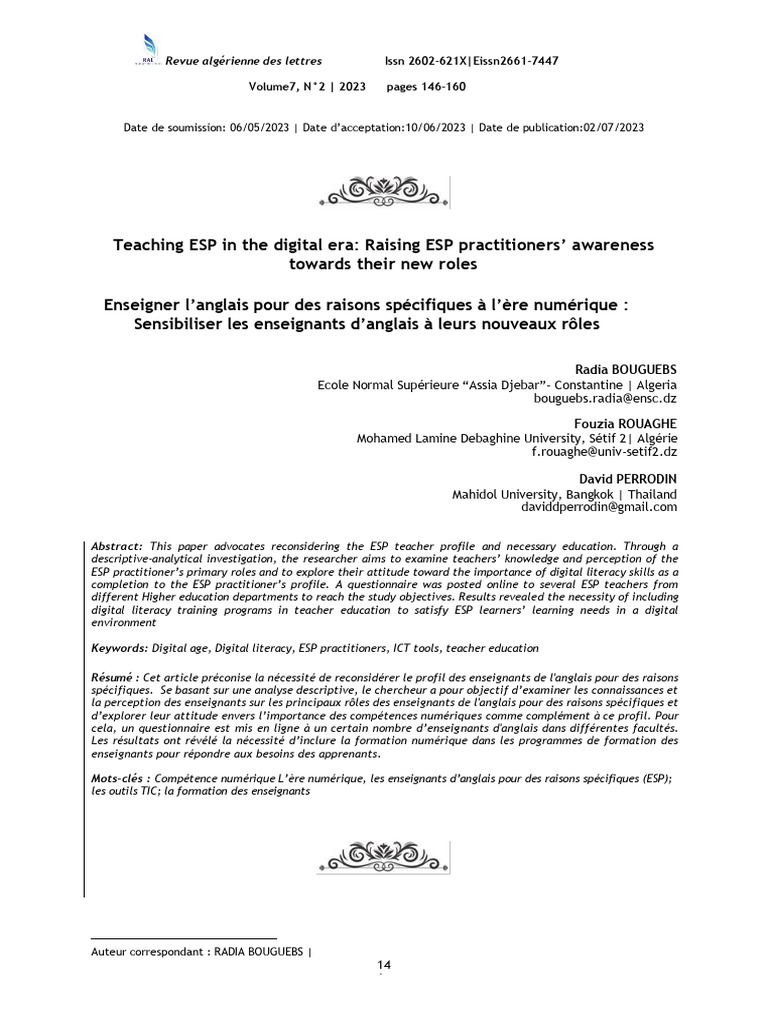 Teaching Esp in The Digital Era - Raising Esp Practitioners' Awareness ...