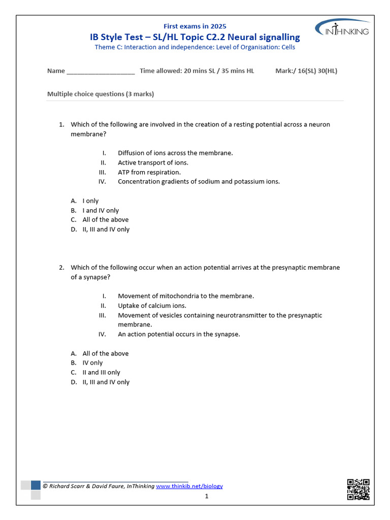 IB Biology C2.2 Neural Signaling Test | PDF | Synapse | Neuron
