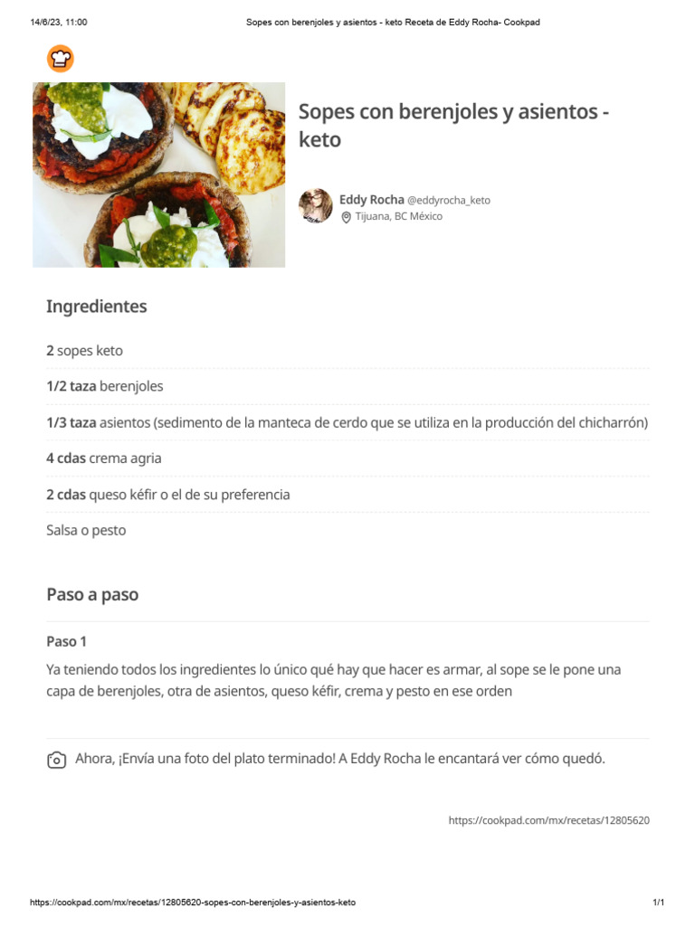 Sopes Con Berenjoles y Asientos - Keto Receta de Eddy Rocha - Cookpad | PDF
