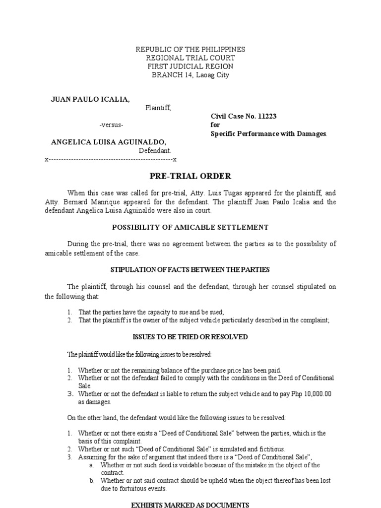 Pre Trial Order Civil Case | PDF | Lawsuit | Public Law