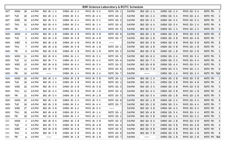 BWI Science Labs & ROTC Schedule | PDF | Sports & Recreation | Cooking ...