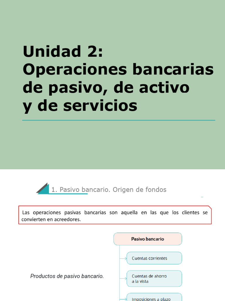 Presentación Unidad 2 Operaciones Bancarias de Pasivo, Activo y de Servicios | PDF | Cheque | Bancos
