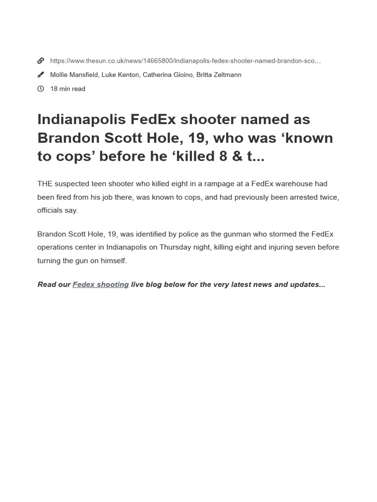 Indianapolis FedEx shooter named as Brandon Scott Hole, 19, who was ...