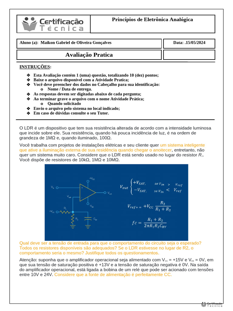 Atividade Prática - Princípios de Eletrônica Analógica | PDF | Amplificador operacional | Rede ...