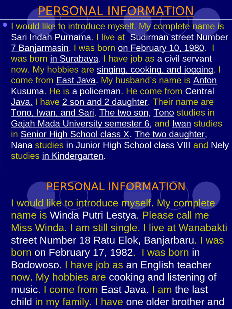 PERSONAL INFORMATION | PDF | Verb | Adjective