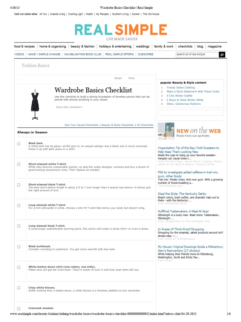 Wardrobe Basics Checklist - Real Simple | PDF | Sweater | Trousers