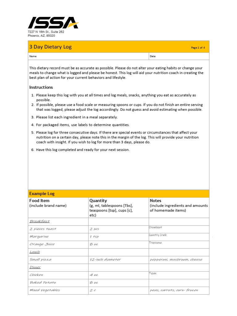 3-day dietary log_4 pages | PDF | Teaspoon | Meal