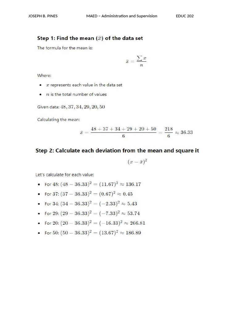 Activity For Sample Variance And Standard Deviation For Ungrouped Data