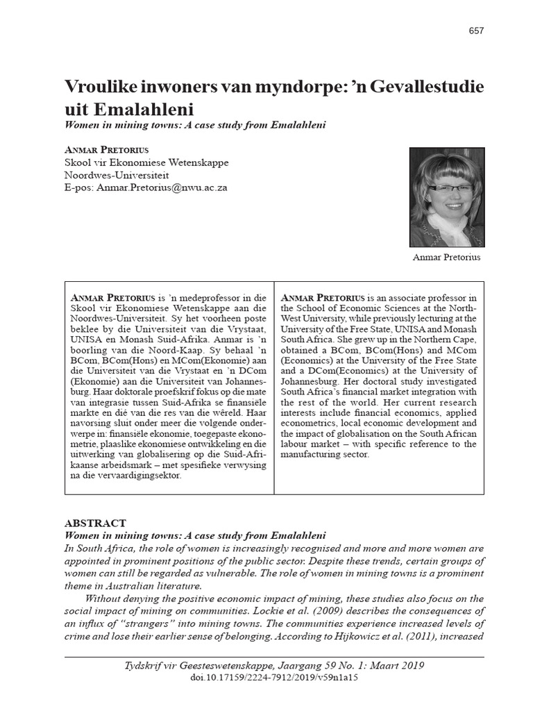 Pretorius Women In Mining Towns Pdf Unemployment Employment