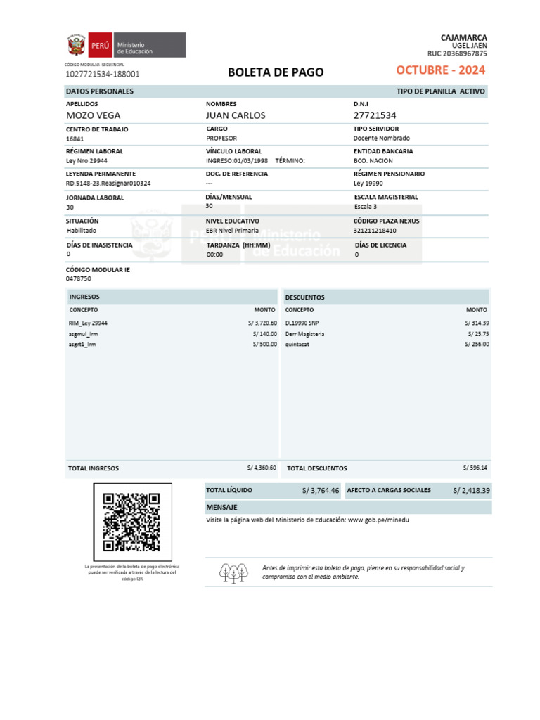 Boleta de Pago Docente Juan Mozo | PDF