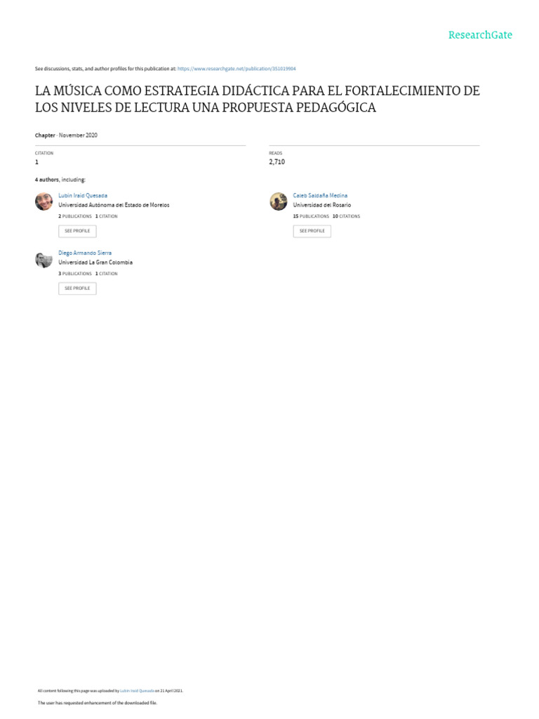 La Música Como Estrategia Didáctica para El Fortalecimiento de Los Niveles de Lectura Una ...