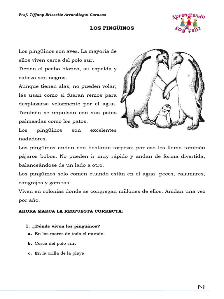 Comprensión Lectora 2 - Los Pingüinos | PDF