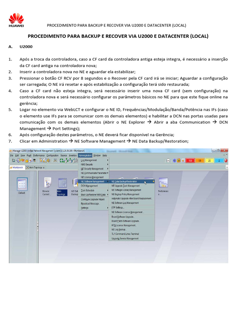 PROCEDIMENTO PARA BACKUP E RECOVER VIA U2000 E VIA DATACENTER Rádio Huawei | PDF | Informática ...