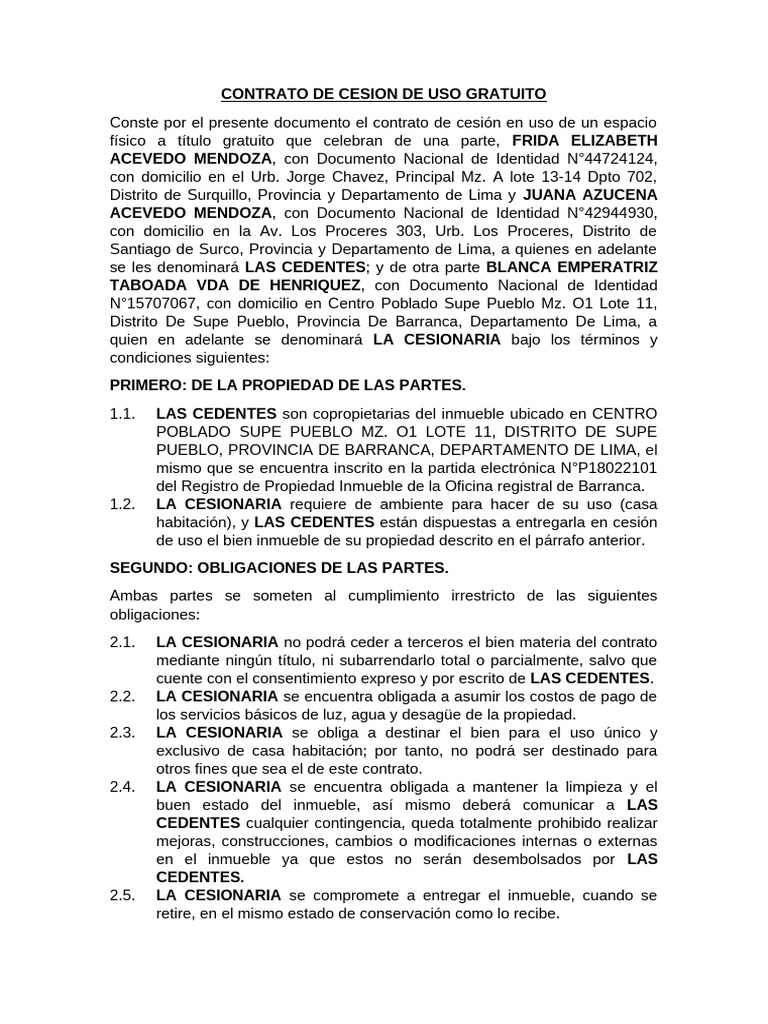 Contrato de Cesión de Uso Frida Acevedo | PDF | Justicia | Crimen y ...