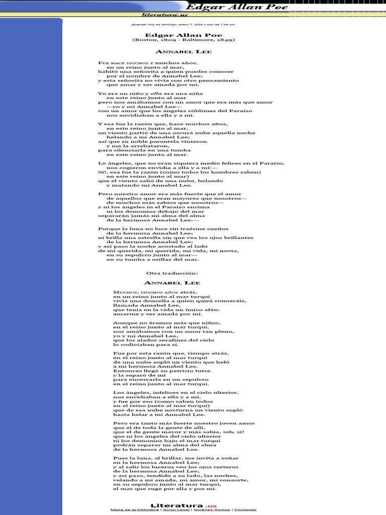 Annabel Lee, Edgar Allan Poe (1809-1849) | PDF | Poesía
